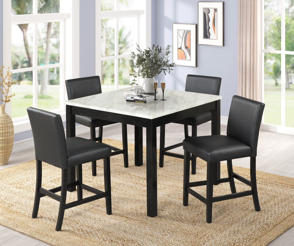 Dior 5PCS Counter Height Faux Marble Table & 4 Black Faux Leather Coun ...