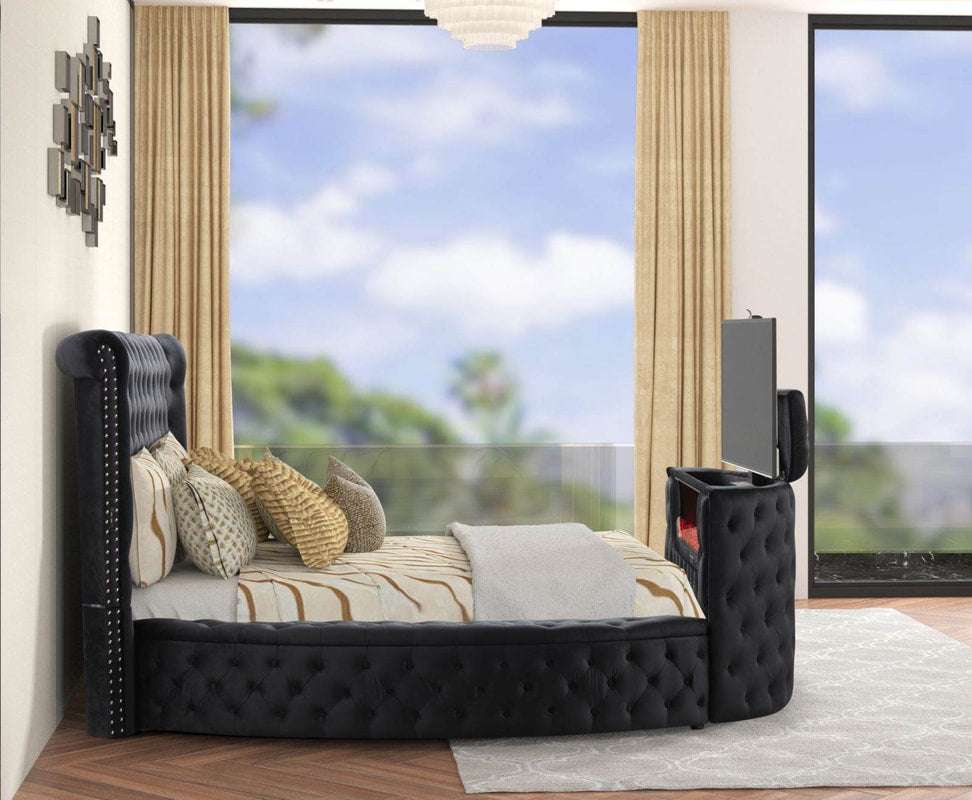 Patron Black Platform Bed (w/TV STAND IN FOOTBOARD & FIREPLACE-BLUETOO ...