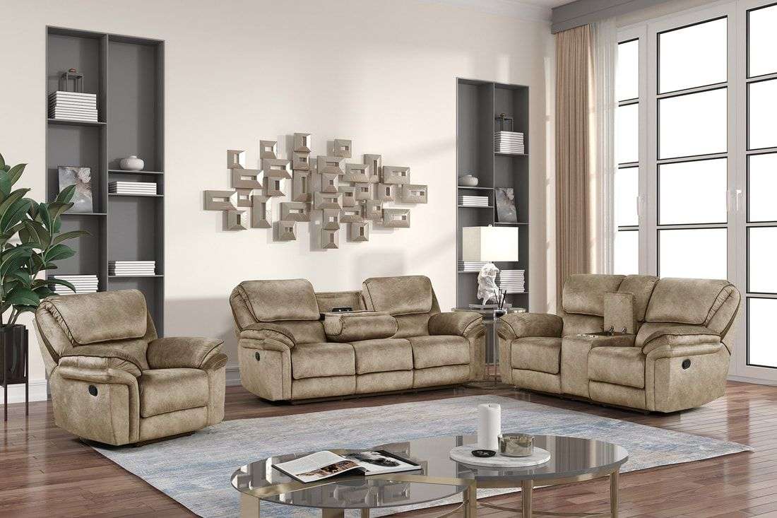 Perry Brown Fabric OVERSIZED 3PC Reclining Set, Sofa with Drop down ta ...